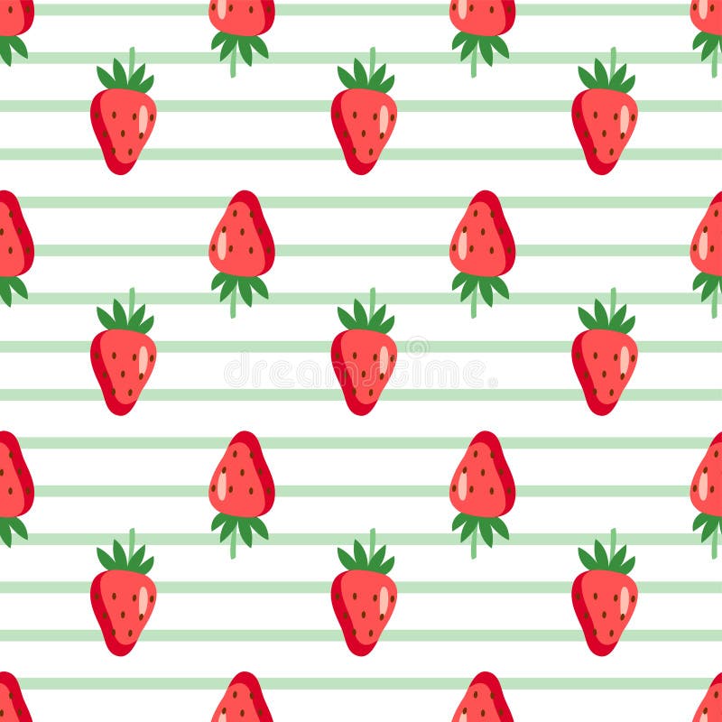 Seamless Strawberry Pattern on Striped Background in Cute Hand Drawn ...