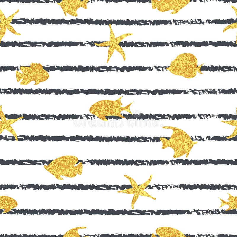 Seamless Striped Sea Pattern with Golden Fish. Stock Vector ...