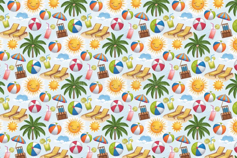 Seamless Summer Beach Pattern Illustration with Beach Items Stock ...