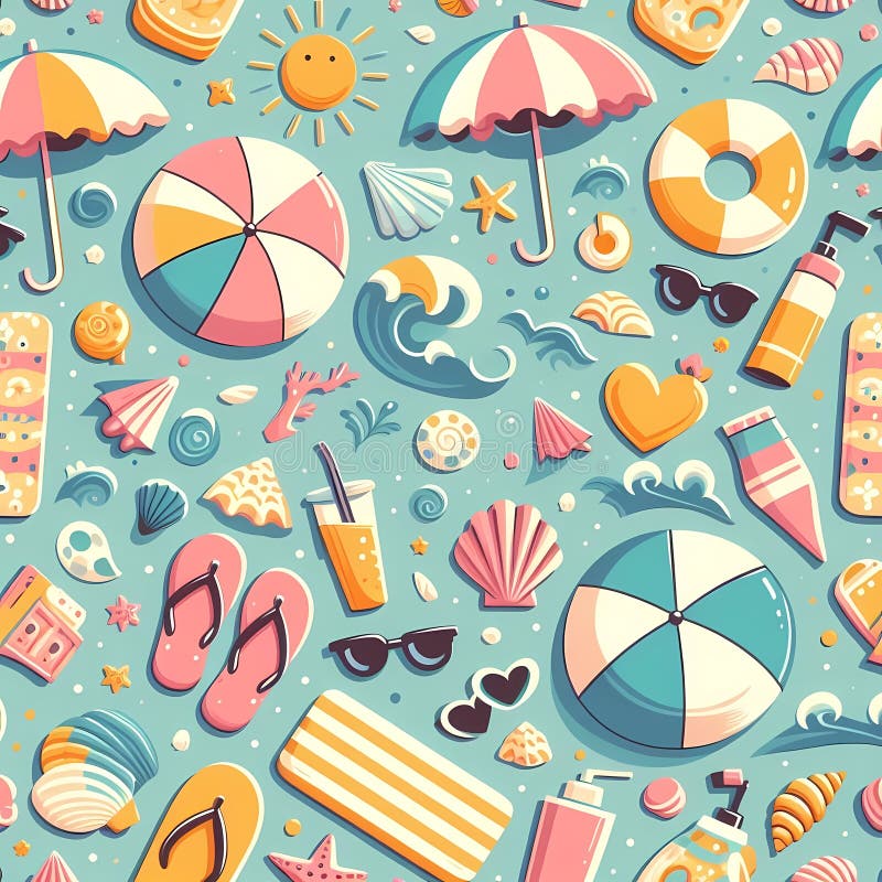 Seamless Summer Beach Pattern with Umbrellas, Seashells, Waves, and Flip-flops on Blue ...