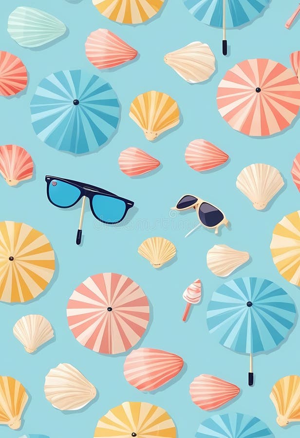 Seamless Summer Beach Pattern with Umbrellas, Seashells, Waves, and ...