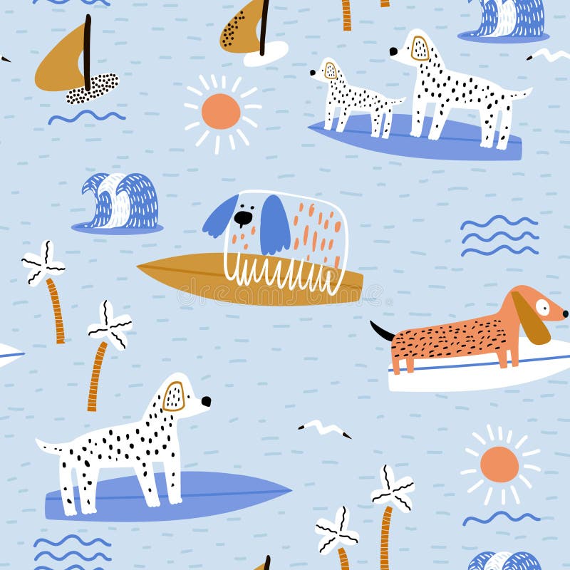 Seamless Summer Pattern with Cute Dogs on Surfboard. Childish Texture ...