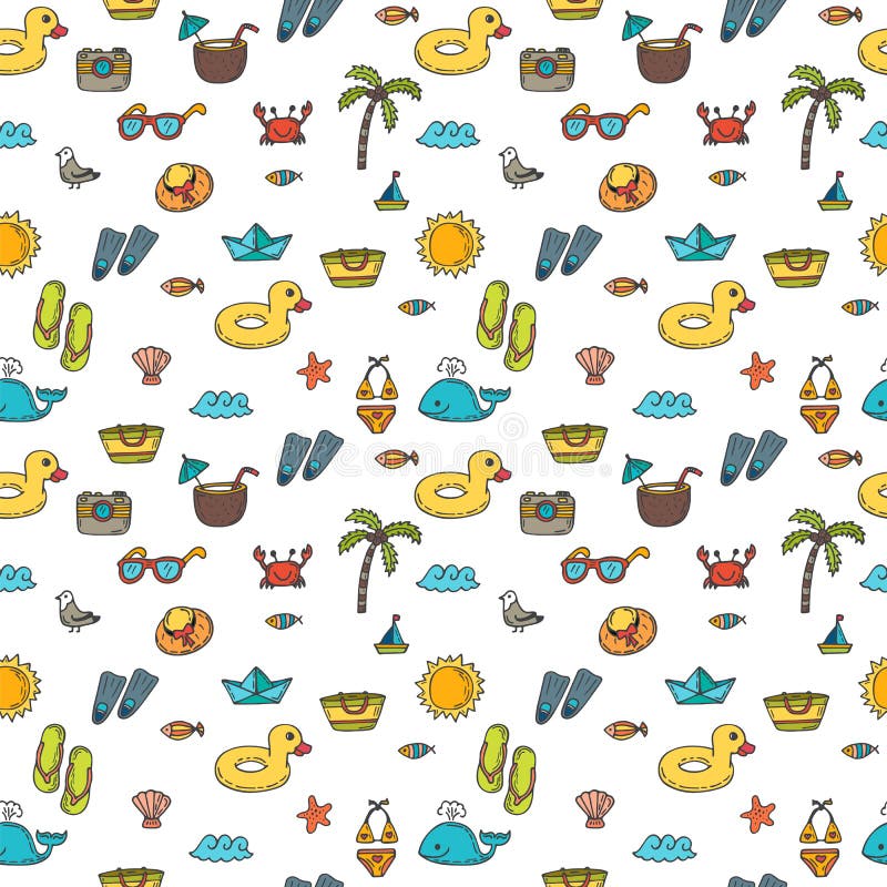 Seamless Summer Pattern with Hand Drawn Beach Icons. Vector Beach ...