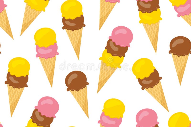Seamless Summer Pattern With Various Of Ice Cream Flavor In Waffle