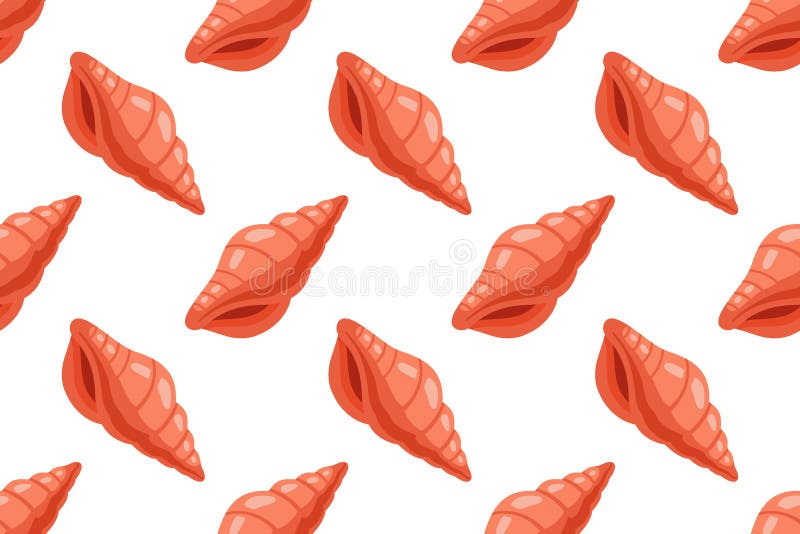 Seamless Summer Seashells Pattern. Cartoon Red Spiral Conch Vector ...