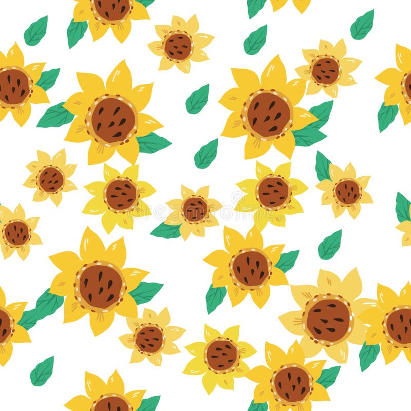 Seamless Sunflower Pattern Design with Hand Drawn Flowers, Vector ...