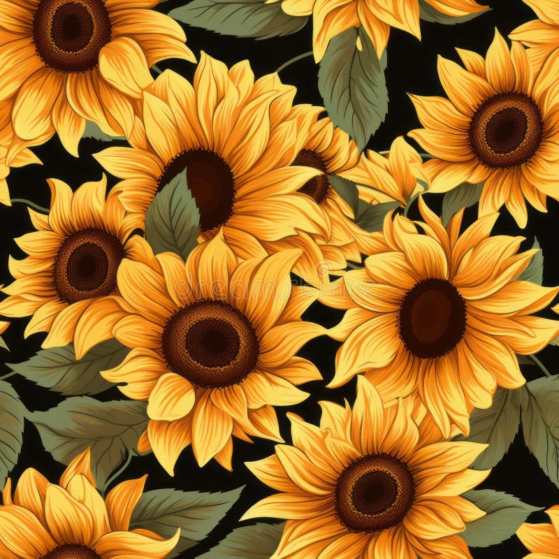 Seamless Sunflower Vector Pattern on Black Background Stock ...
