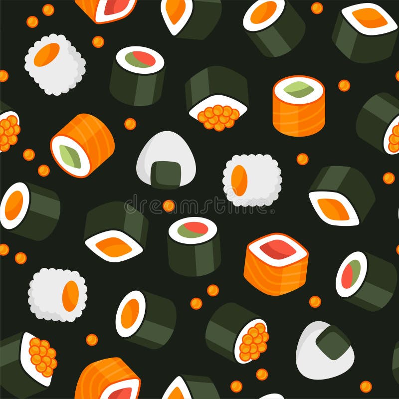 Seamless Sushi Roll Pattern on Black Background. Vector Stock Vector ...