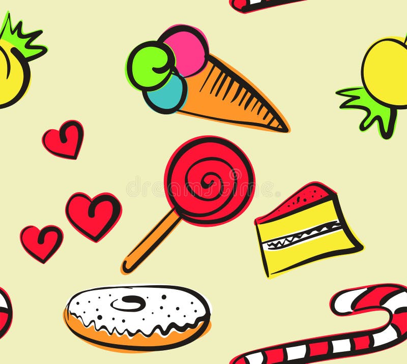 Seamless Kawaii Pattern with Sweets and Candies. Crazy Sweet-stuff in ...