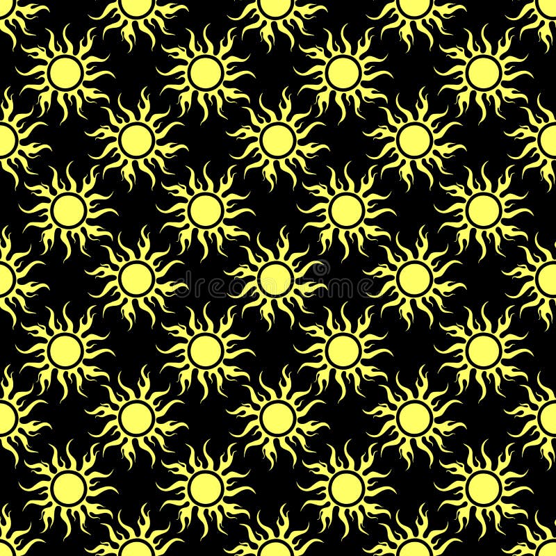 Seamless Symmetrical Graphic Pattern of Yellow Suns on a Black ...