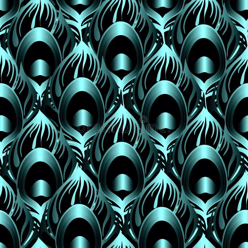 Seamless Symmetrical Pattern of Peacock Feathers in Black and Blue ...