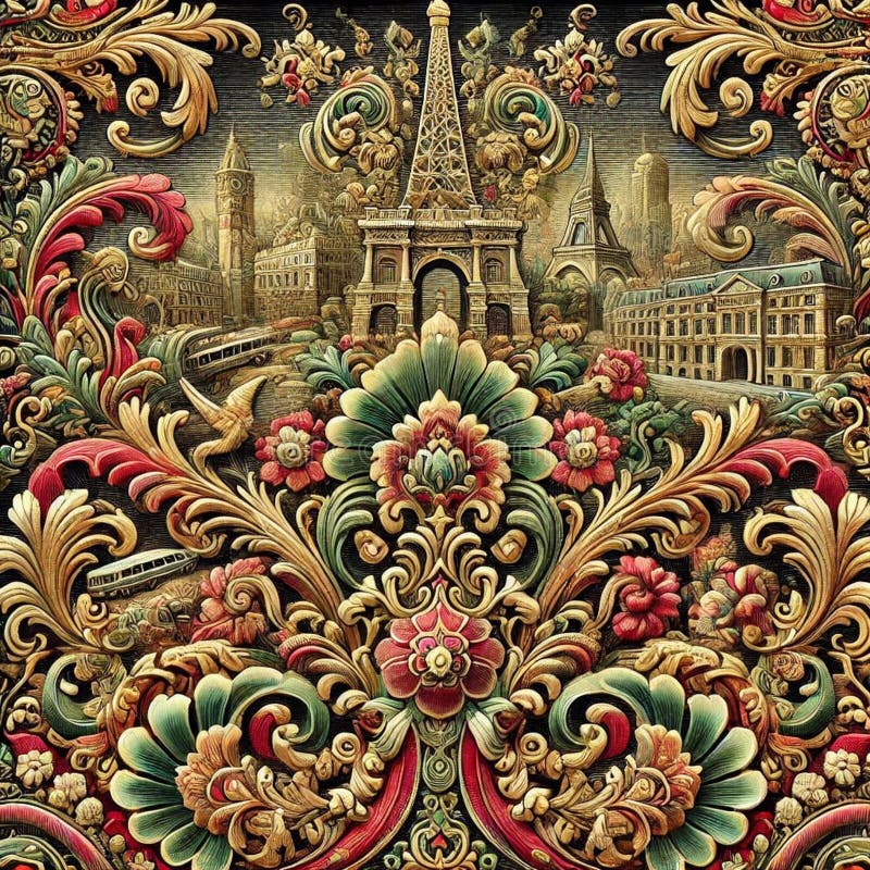 AI Generation. Tapestry Design with Paris Landmarks, Floral Motifs, and ...