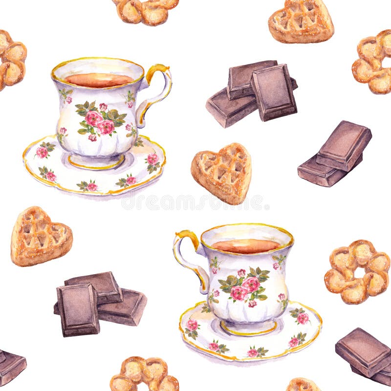 Seamless Tea Pattern with Teacup, Chocolate and Cookies. Watercolour ...
