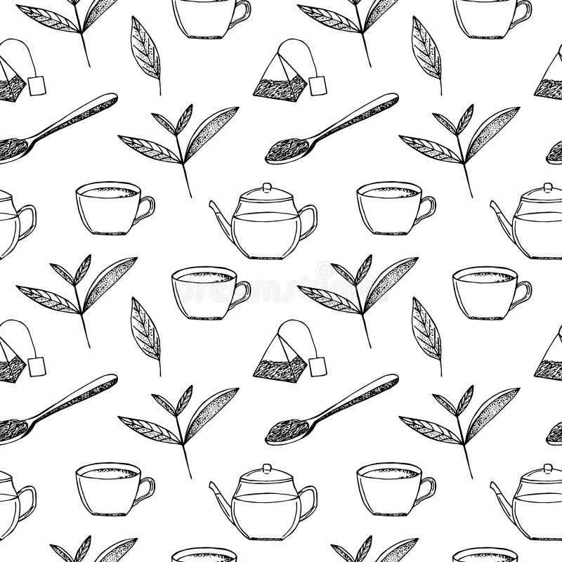 Seamless Tea Pattern Vector Illustration, Hand Drawing Stock Vector ...