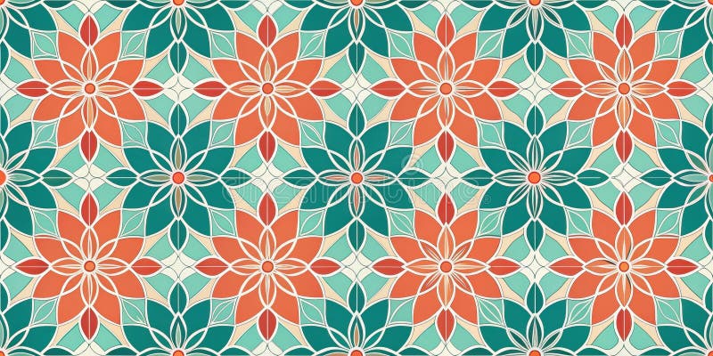 Seamless Teal and Coral Floral Pattern with Geometric Design Elements ...