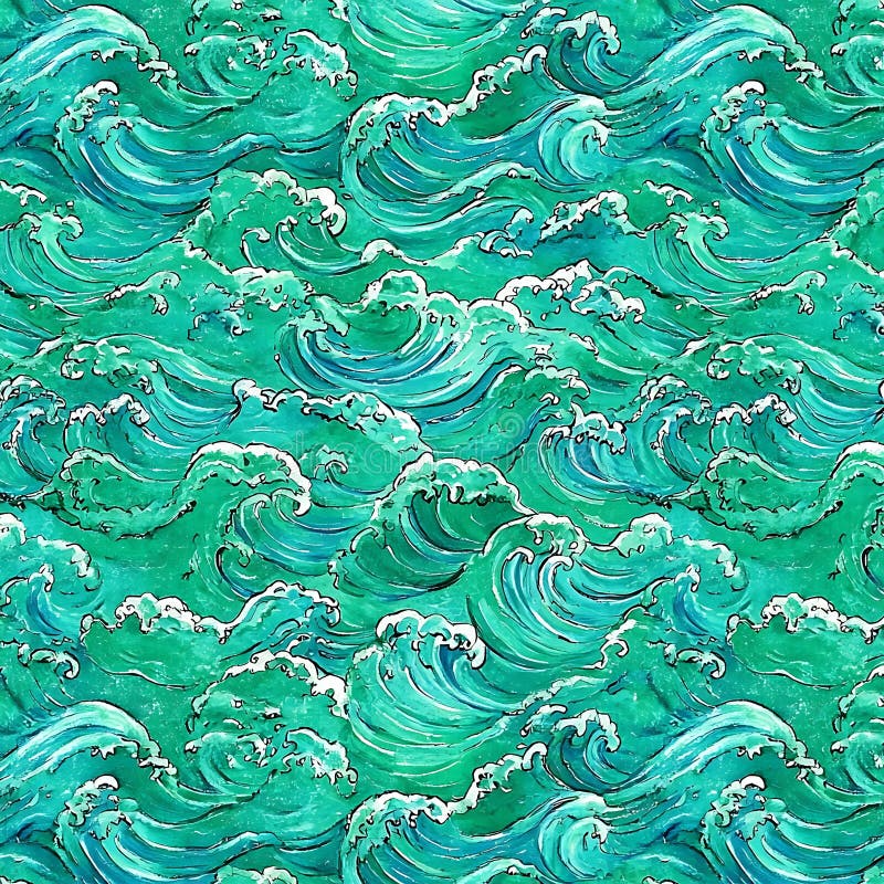 Seamless Teal Ocean Wave Pattern Artistic Illustration of Rolling Waves ...