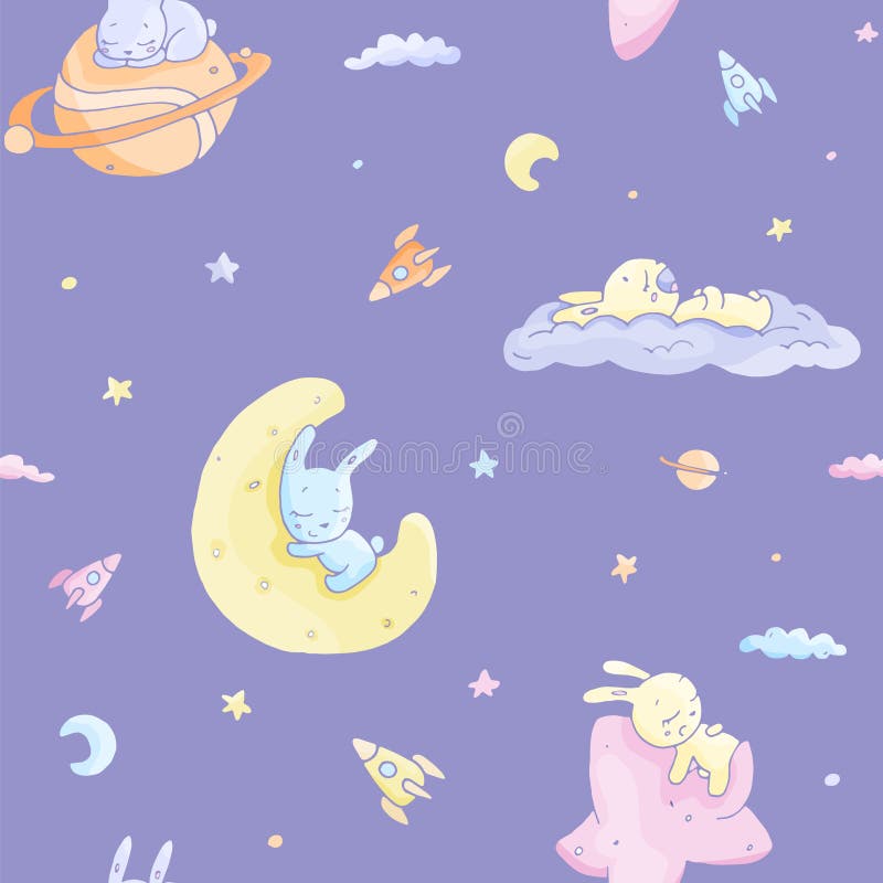 Seamless Tender Pattern Good Night Rabbits on Violet Background Stock ...