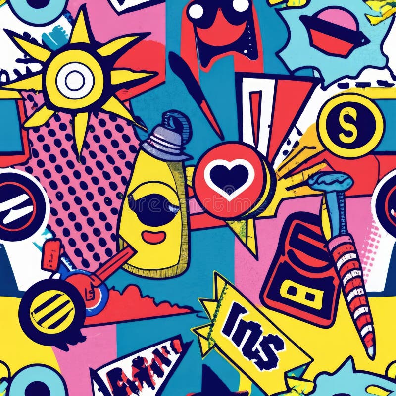 Seamless Textile Pattern with Various Objects in Electric Blue Graffiti ...