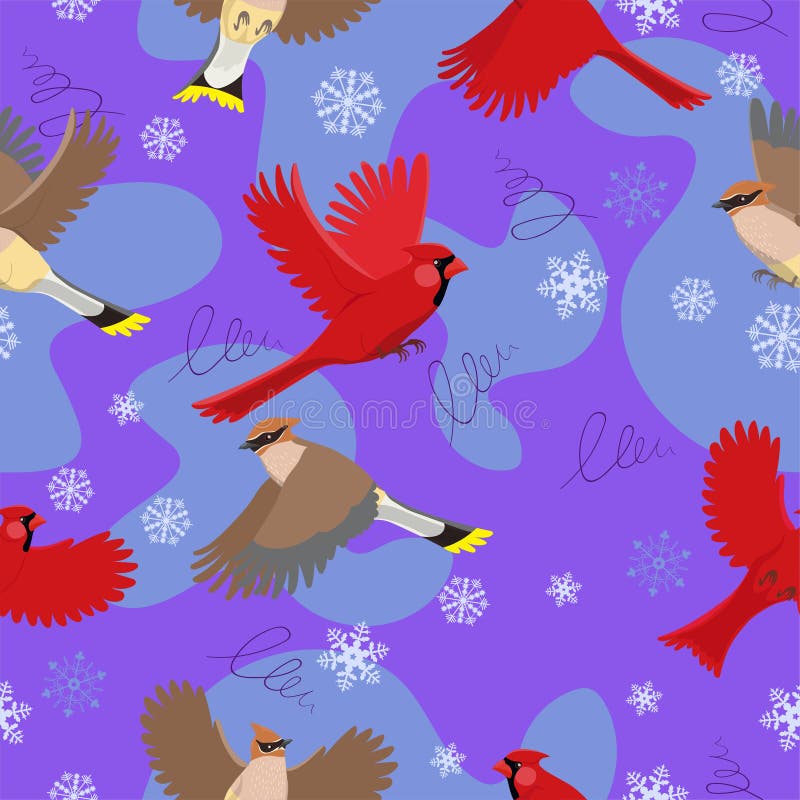 Red Cardinal Birds Seamless Pattern in Winter Forest Stock Illustration ...