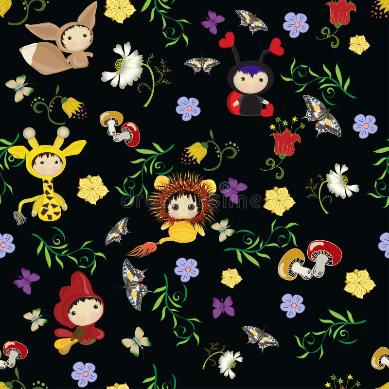 Seamless Texture Cartoon Characters on Black Background Stock ...