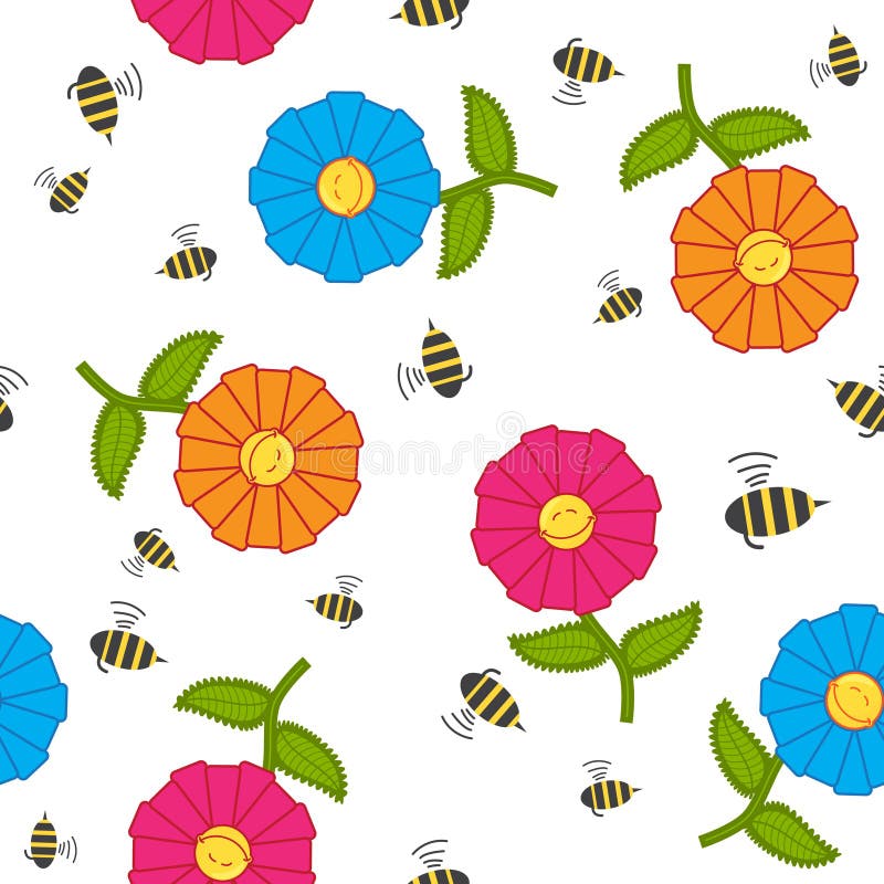 Seamless Texture with Cartoon Flowers and Bees. Stock Illustration ...