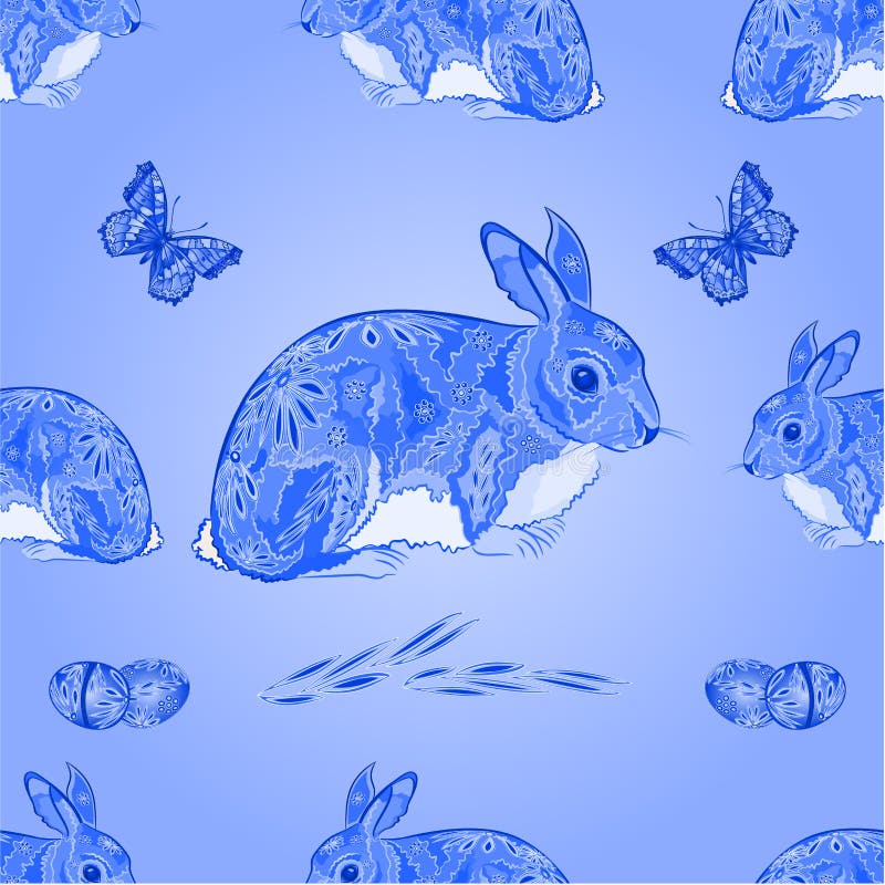 Seamless Texture Easter Blue Bunny with Butterfly Vector Stock Vector ...