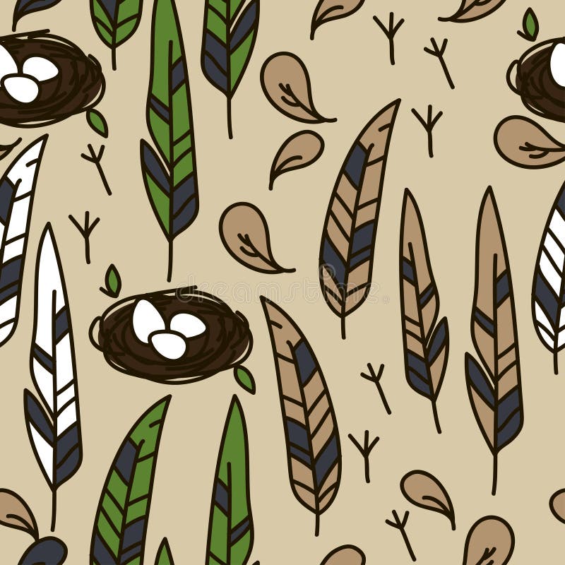 Seamless Texture with Feathers and Nests Stock Vector - Illustration of ...