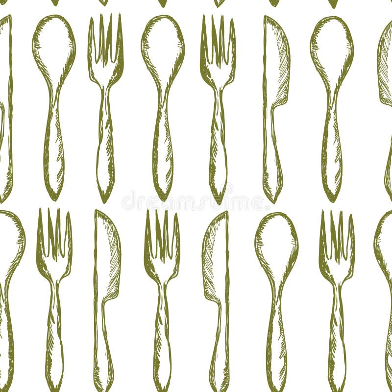Seamless Texture with Fork, Knife, Spoon in Sketch Style. Hand Drawing ...