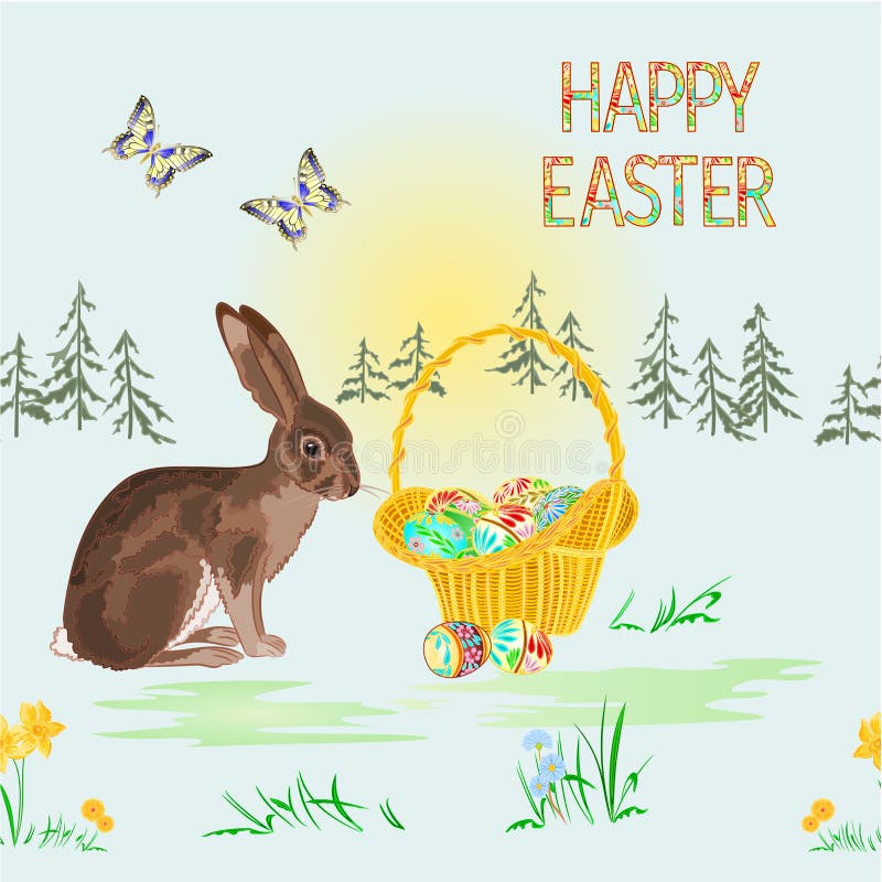 Happy Easter Spring Landscape Forest Easter Wicker and Easter Eggs and ...