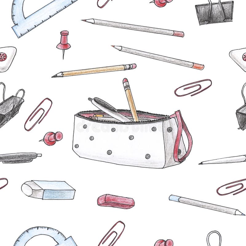 Seamless Texture of a Pencil Case with Accessories Hand-drawn Stock ...