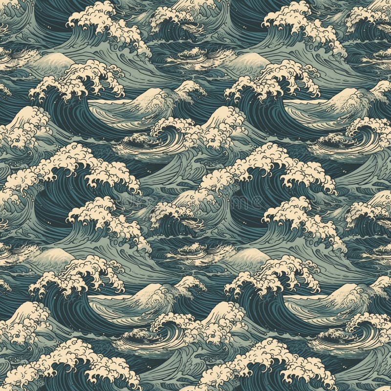 Seamless Texture: Sea Waves Pattern in Old Vintage Japanese Style ...