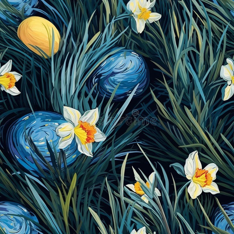 Seamless Texture of Van Gogh Style Easter Pattern. Stock Illustration ...