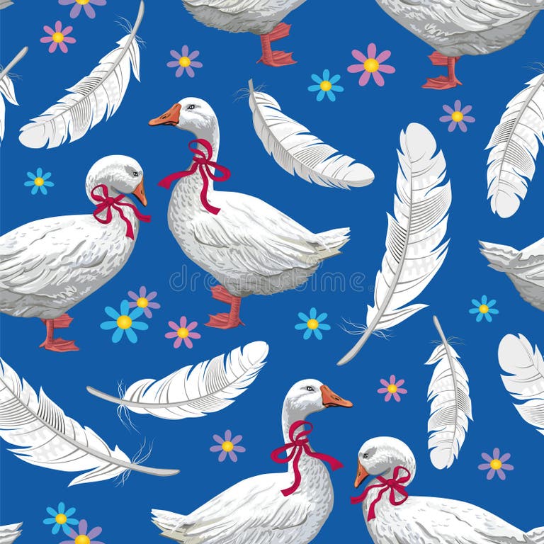 Seamless Texture with White Geese and Goose Feathers Stock Illustration ...