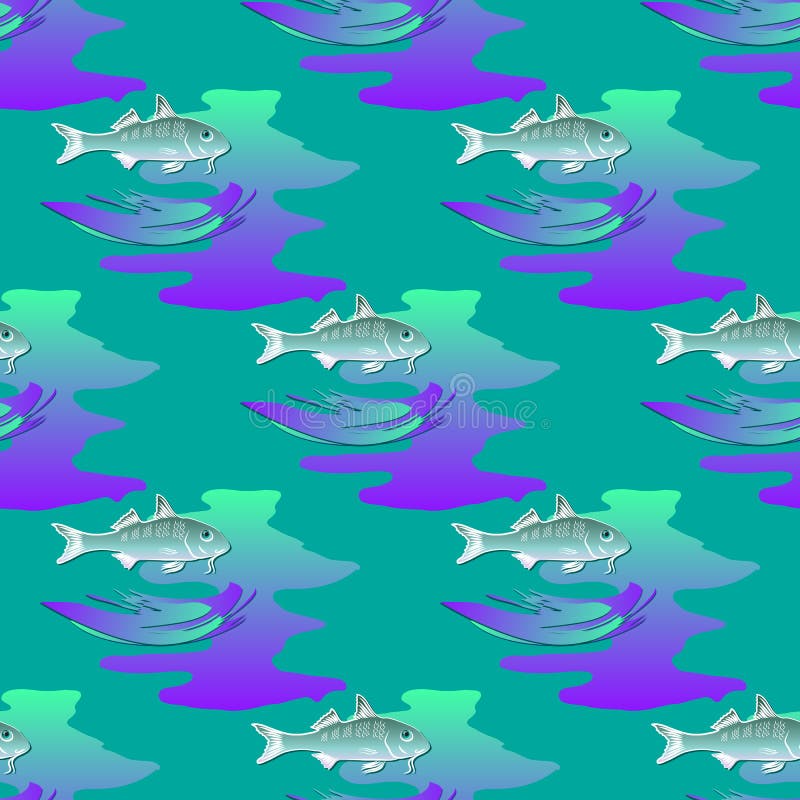 Seamless Textures Marine Ornament with Fishes and Waves. Stock Vector ...