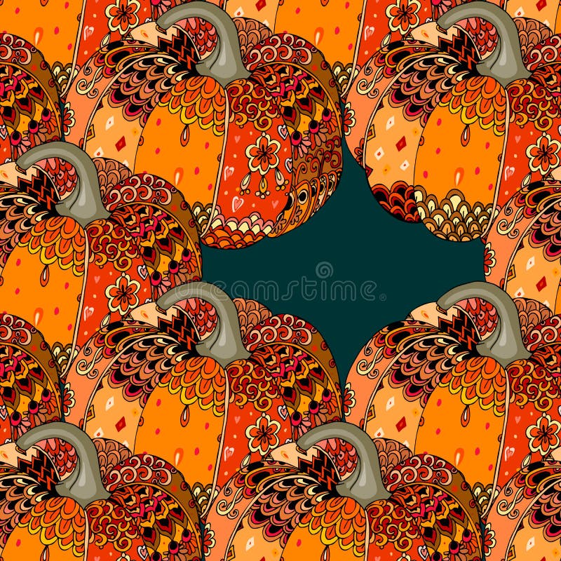 Seamless Thanksgiving Pattern with Hand Drawn Pumpkin and Empty Space ...