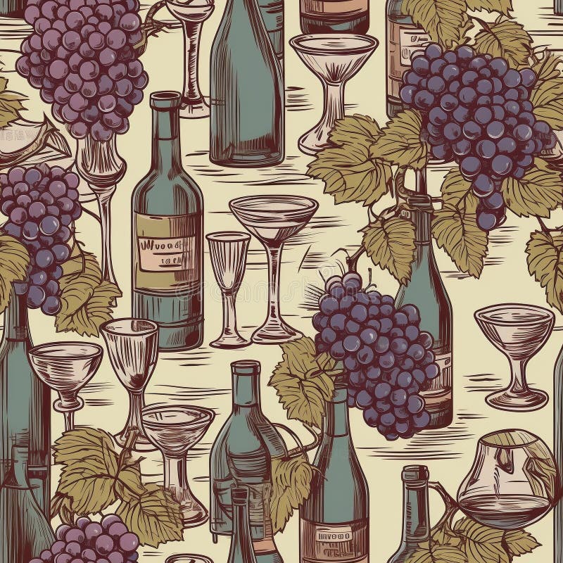 Wine and Grapes ThemeSeamless Tile Illustration - Generative AI Stock ...