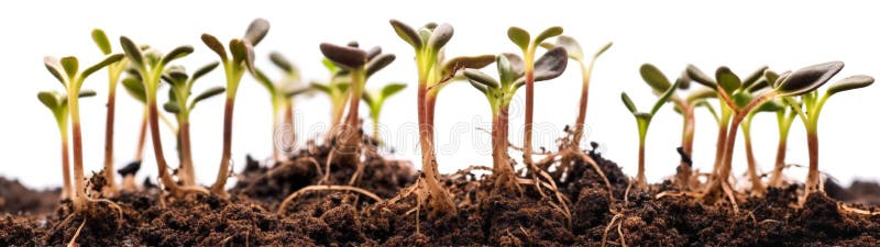 Seamless Tileable Cross Section Row of Budding Sprouts of New Growth Out of Soil on a White ...