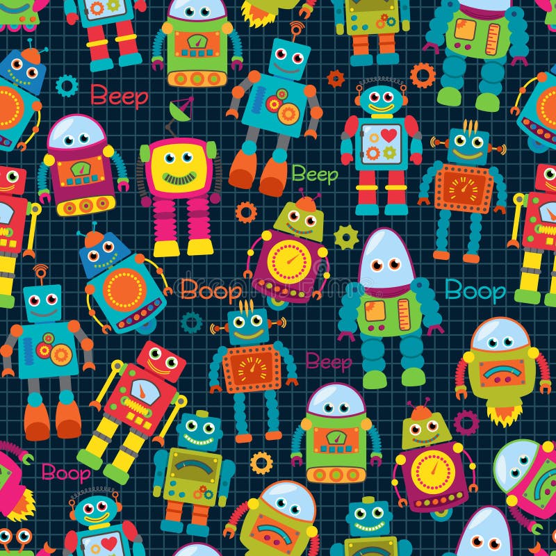 Seamless Tileable Vector Background Pattern with Cute Robots Stock ...