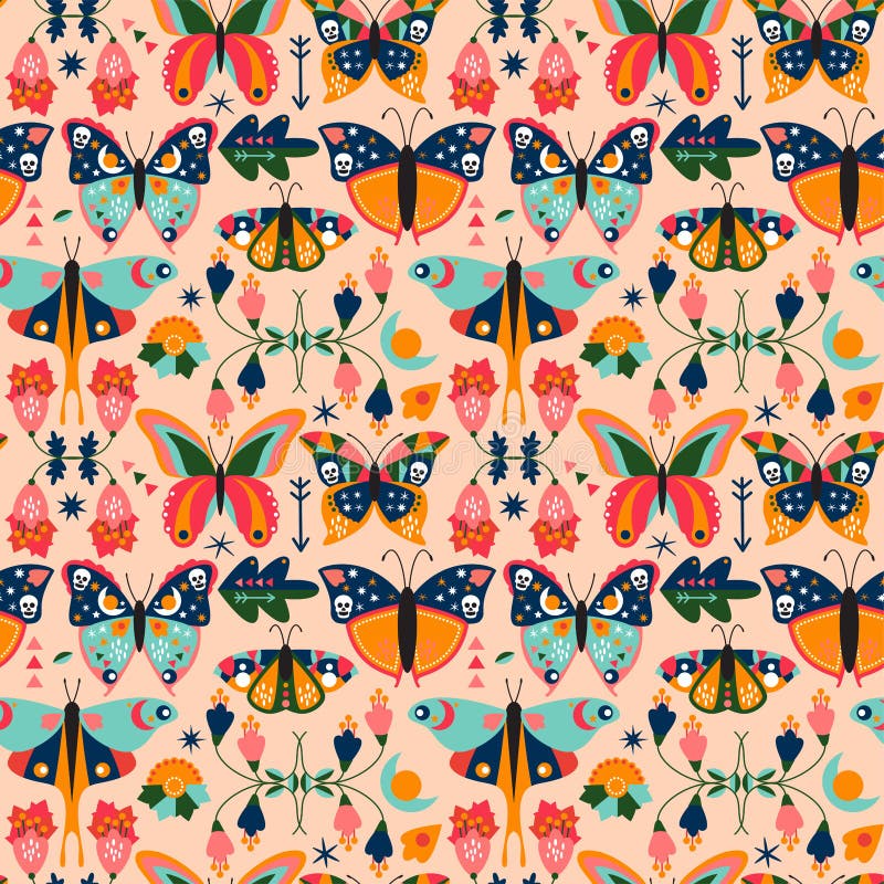 Seamless, Tileable Wallpaper Pattern with Boho Style Butterflies, Moths ...