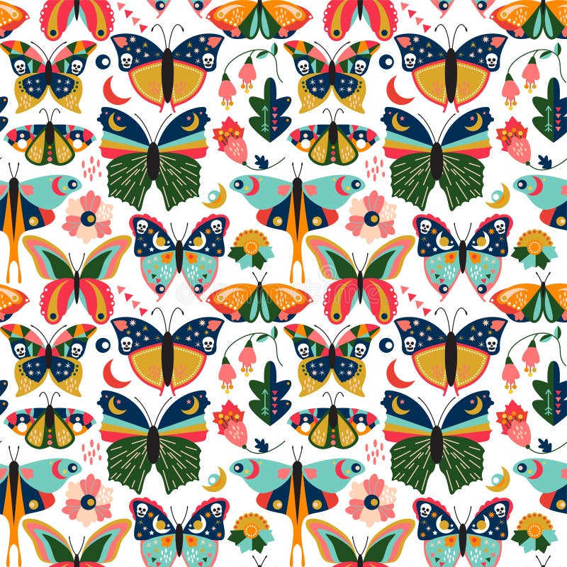 Seamless, Tileable Wallpaper Pattern with Boho Style Butterflies, Moths ...