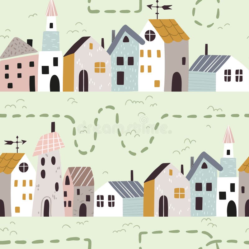 Seamless Tiny Houses Vector Pattern. Background with Little Scandi ...