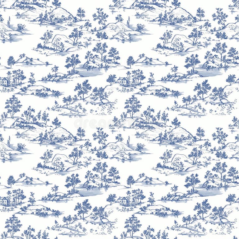 Seamless Toile De Jouy Blue on White Pattern Stock Image - Image of ...