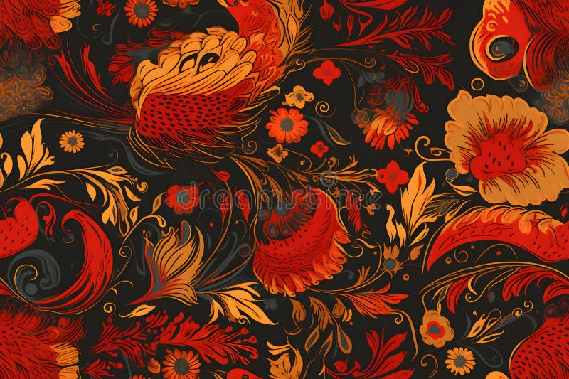 Khokhloma Fabric Seamless Texture Ornate Russian Folk Art Pattern Stock ...