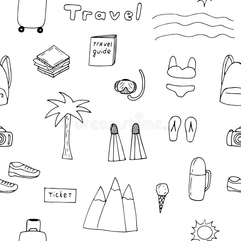 Seamless Travel Pattern, Vector Illustration, Hand Drawing Stock Vector ...