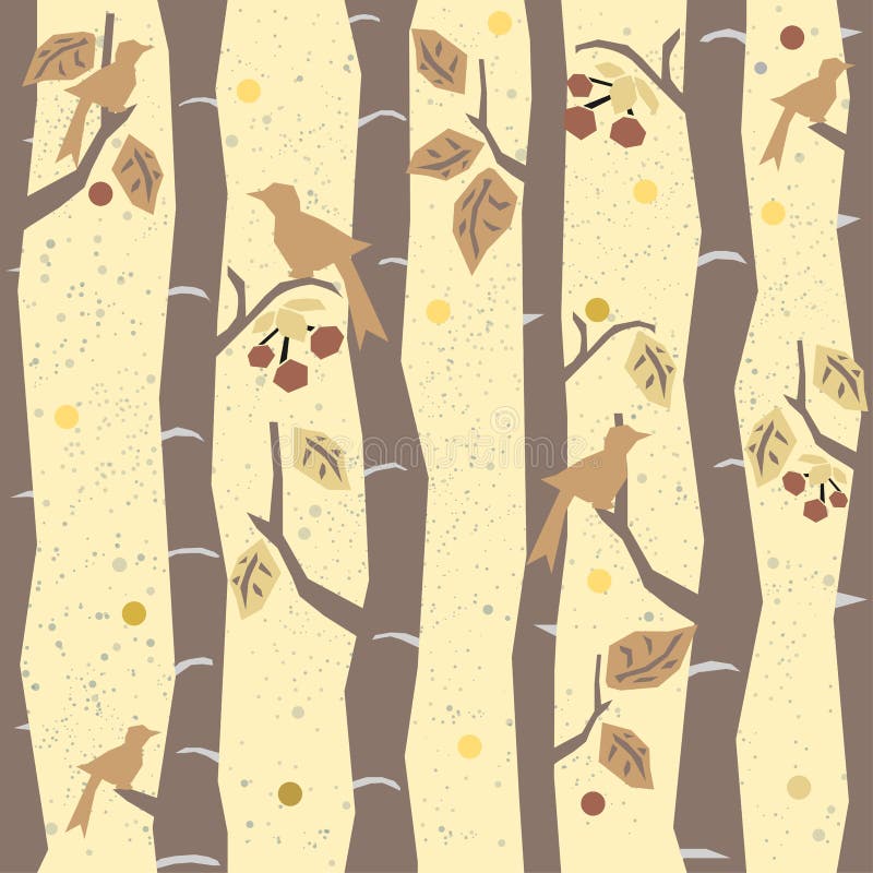 Seamless Tree Pattern with Big Birds, Berries and Leaves. Autumn Design ...