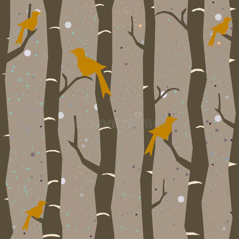 Seamless Tree Pattern with Big Birds and Leaves. Vector Illustration ...