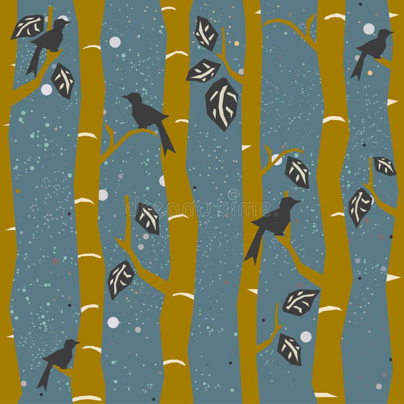 Seamless Tree Pattern with Big Birds and Leaves. Vector Illustration ...