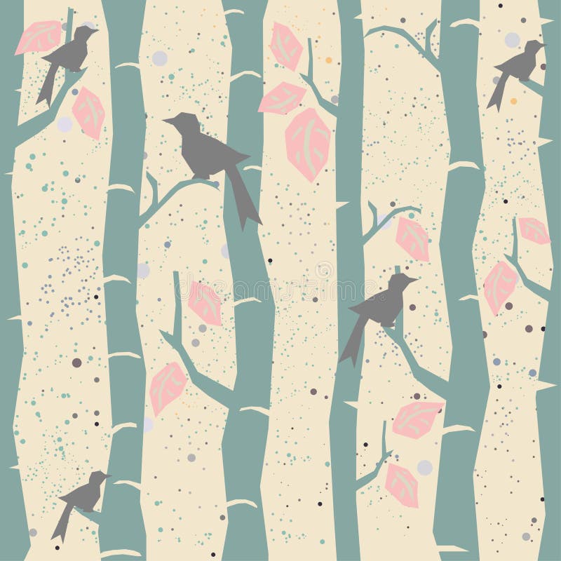 Seamless Tree Pattern with Big Birds and Leaves. Vector Illustration ...
