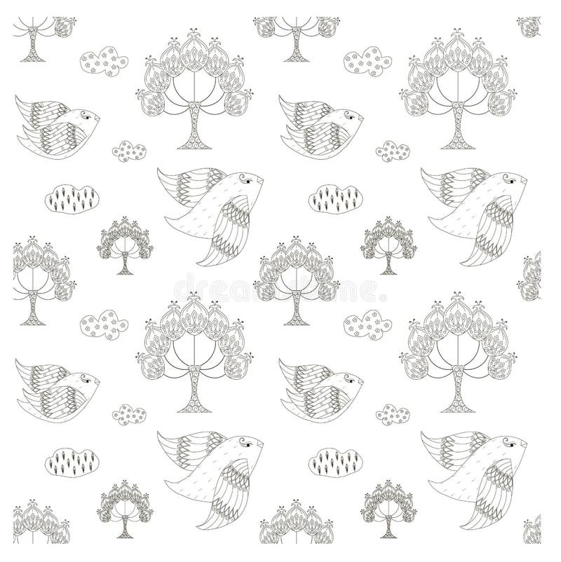 Seamless Trees, Birds, Clouds Monochrome Pattern Stock Vector ...