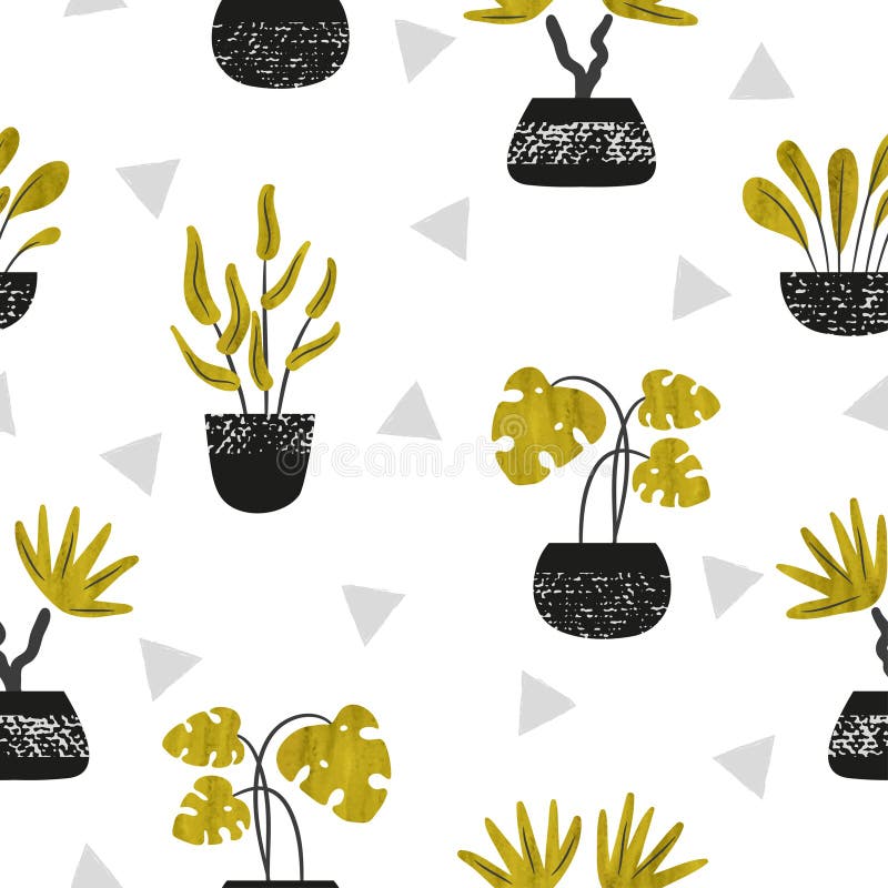 Seamless Trendy Pattern with Cute Tropical House Plants in Pots Stock ...